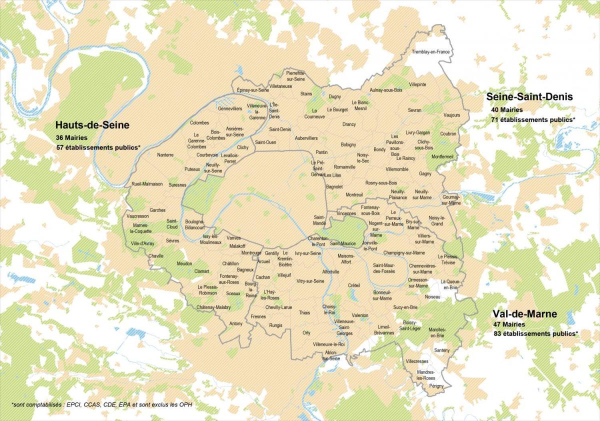 Paris subúrbios mapa - Mapa dos subúrbios de Paris (França)